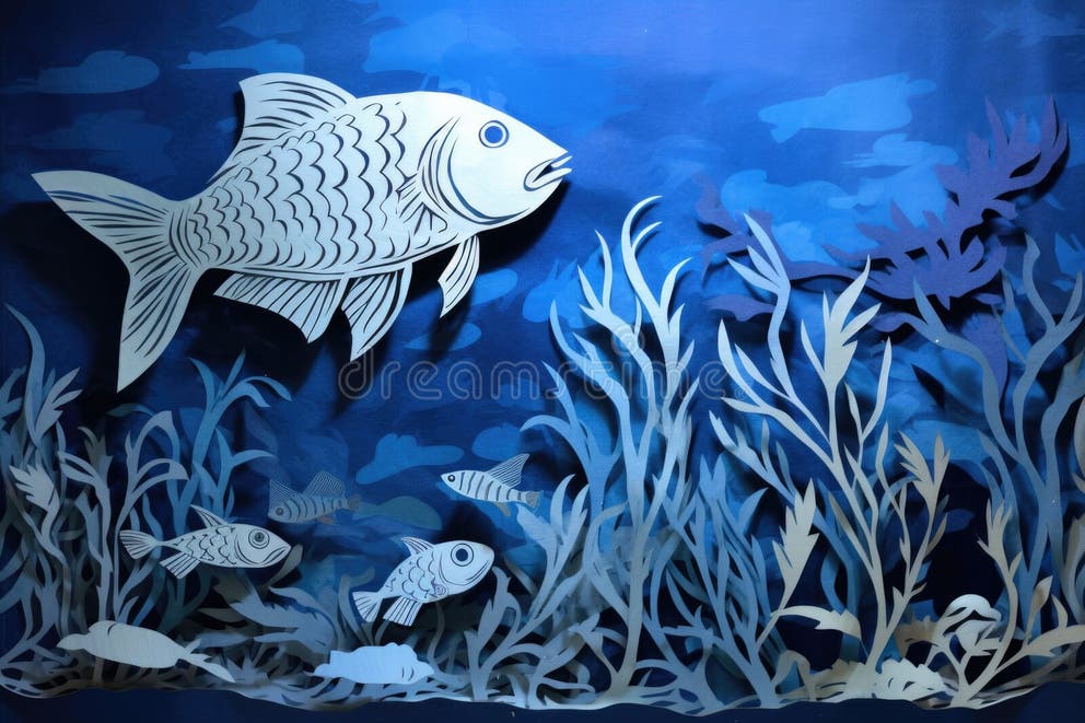 Cut-out Paper Fish Casting Shadows on Blue Textured Paper Stock Photo ...