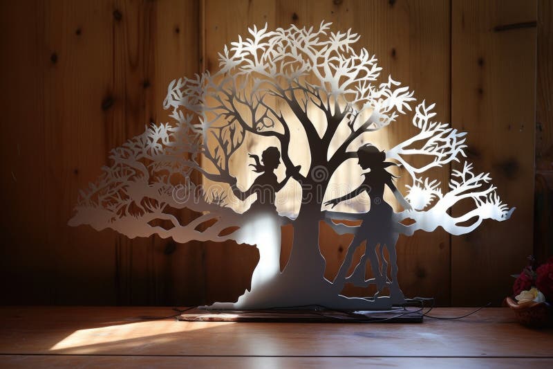 Cut-out Paper Tree with Dancing Shadows on a Wooden Table Stock Photo ...