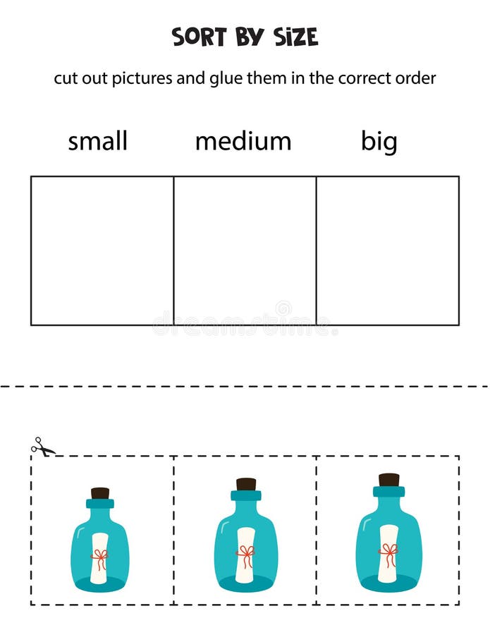 Sort Bottles with Notes by Size. Educational Worksheet for Kids. Stock ...