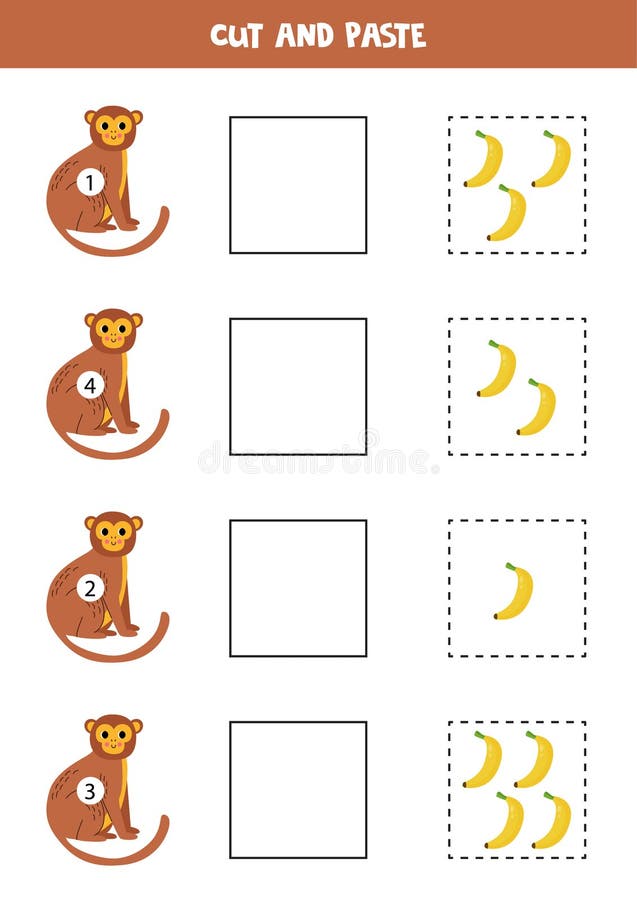 Cut and Paste Cute Bananas According To the Numbers on Monkeys Stock ...