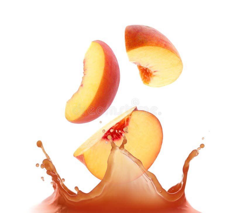 Cut Peach Falling into Juice on White Background Stock Photo - Image of ...