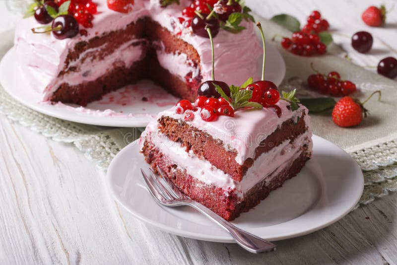 The Cut Piece of Berry Cake with Pink Cream Stock Image - Image of ...