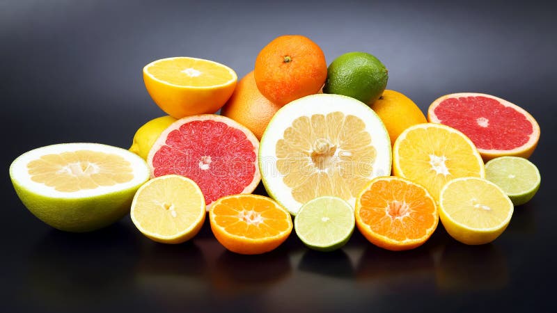 Cut Pieces of Different Citrus Fruits on Dark Background Stock Photo ...