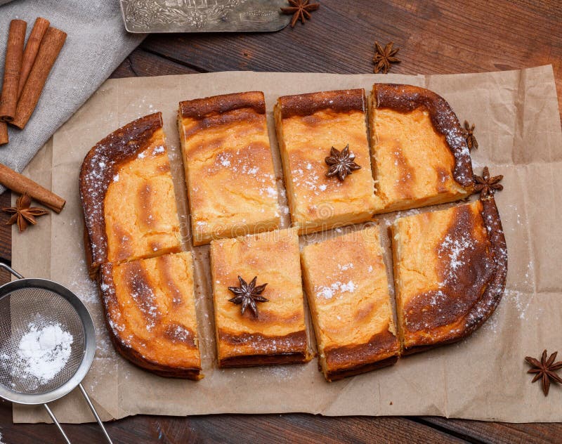 Cut into Pieces of a Rectangular Cake of Cottage Cheese and Pump Stock ...