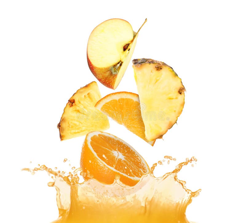 Cut Pineapple, Orange and Apple Falling into Juice on White Background ...