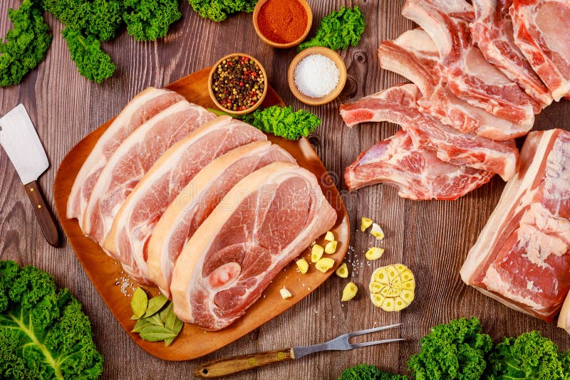 Cut Pork Meat Chop Bone in and Pork Belly Stock Photo - Image of ...