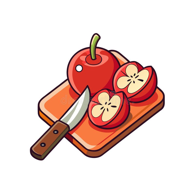 Cut Red Apple with Knife and Cutting Board Stock Photo - Illustration ...