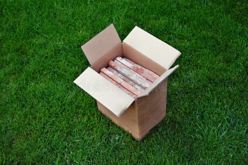 Cut Red Bricks Range in Cardboard Box Stock Photo - Image of green ...