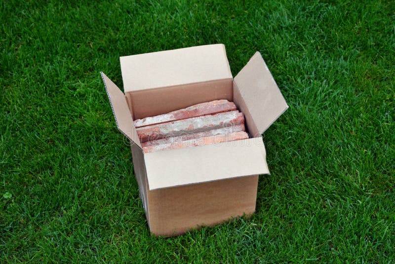 Cut Red Bricks Range in Cardboard Box Stock Photo - Image of grain ...