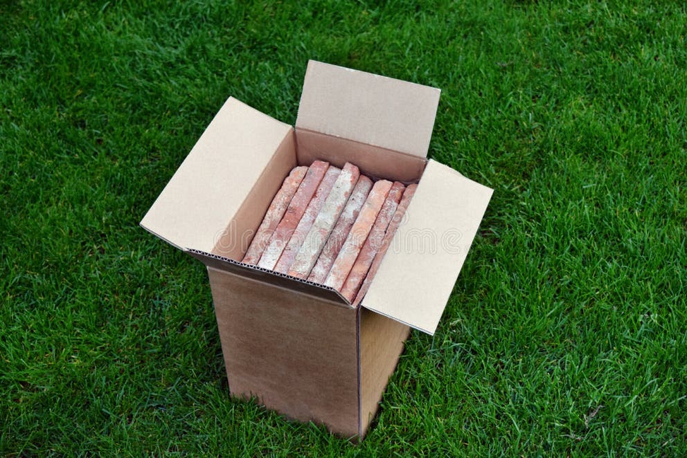 Cut Red Bricks Range in Cardboard Box Stock Photo - Image of building ...