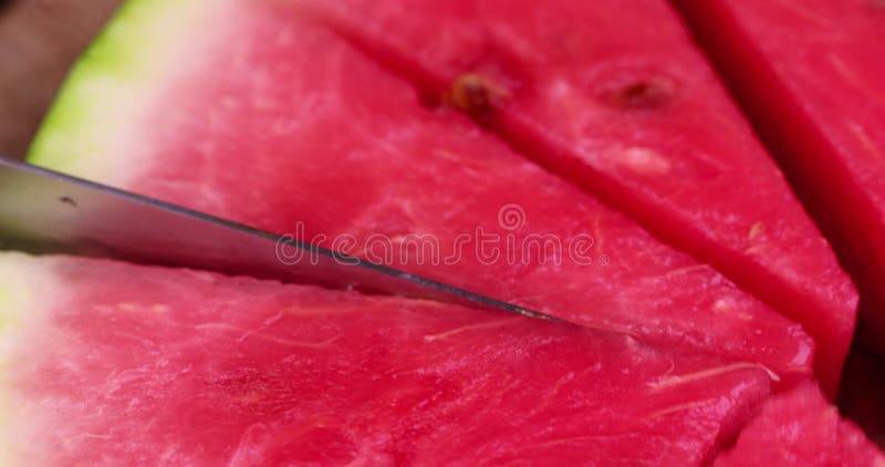 Cut Red Watermelon into Pieces on the Table, Juicy Red Watermelon Pulp ...