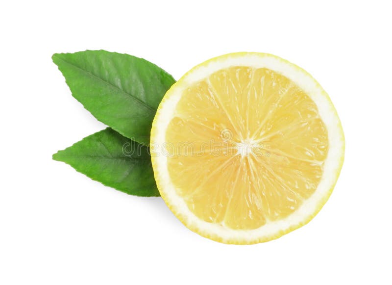 Cut Ripe Lemon with Green Leaves Isolated on White, Top View Stock ...