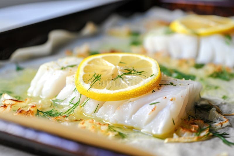 Cut-through Shot of Baked Cod, Lemon Pieces Visible Inside Stock ...