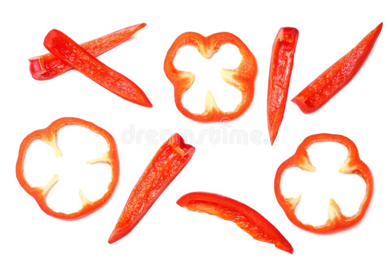 Cut Slices of Red Sweet Bell Pepper Isolated on White Background Top ...