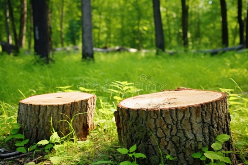 Cut Tree Trunks with Growth Rings Visible, Sapling in the Center Stock ...