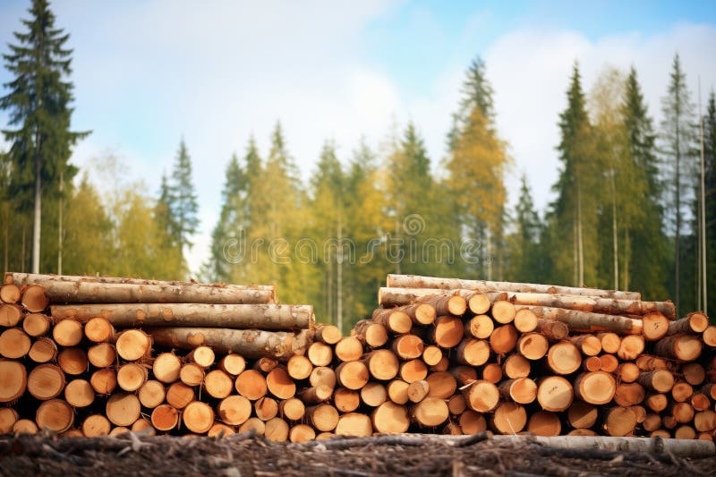 Cut Trees Stacked Next To a Healthy Forest Stock Image - Image of ...