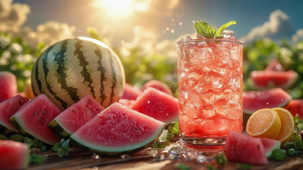 Cut Watermelon on the Table and Refreshing Watermelon Lemonade with Ice Cubes Stock Photo ...