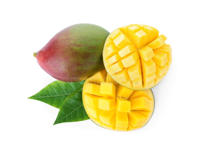 Cut and Whole Ripe Mangoes Isolated, Top View Stock Photo - Image of ...