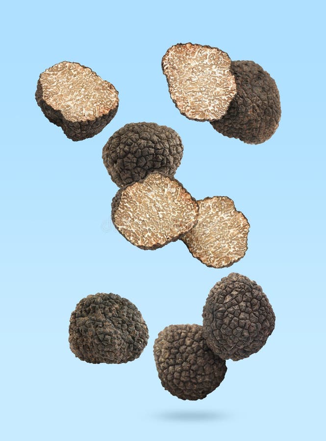 Cut and Whole Truffles Falling on Light Blue Background Stock Photo ...