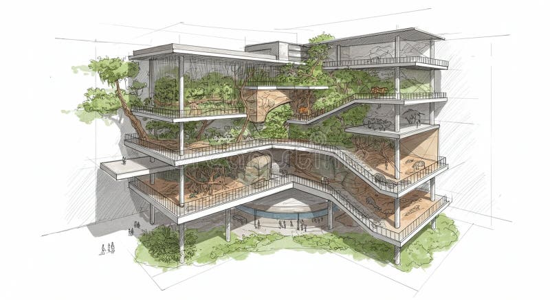 Cutaway Architectural Rendering of a Multi-level Building with Abundant ...