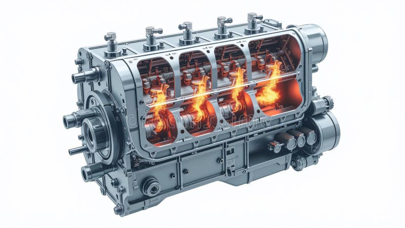 Cutaway of a Four-Cylinder Engine Showing Combustion Stock Illustration ...