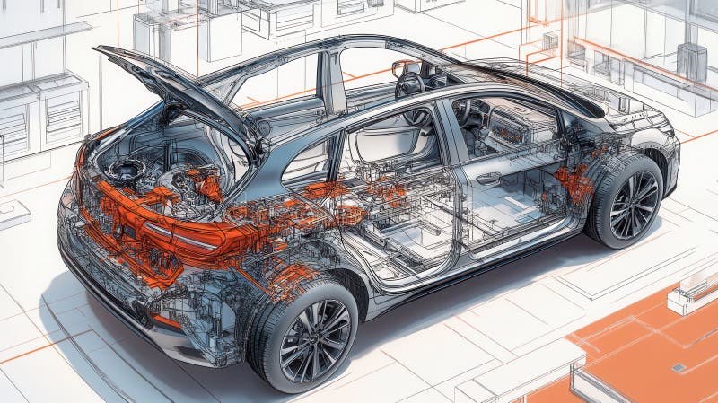 Cutaway Illustration of Car with Detailed Internal Mechanics Stock ...