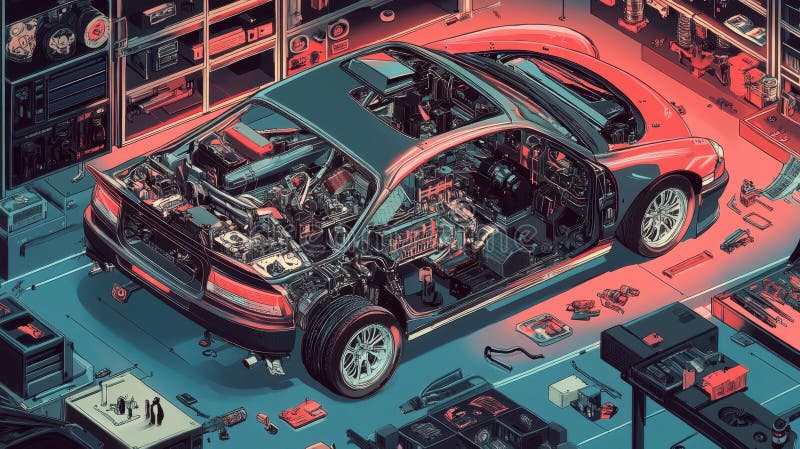 Cutaway Illustration of Car with Detailed Internal Mechanics Stock ...