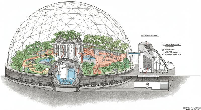 Cutaway Illustration of a Geodesic Dome Structure Housing a Self ...