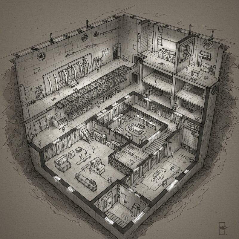 Cutaway Illustration of a Multi-level Underground Facility, Revealing ...