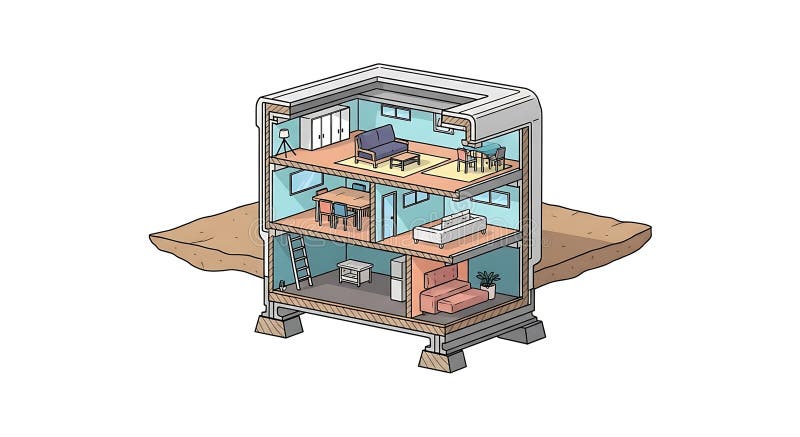 Cutaway Illustration of a Three-level Underground Bunker, Highlighting Interior Stock ...