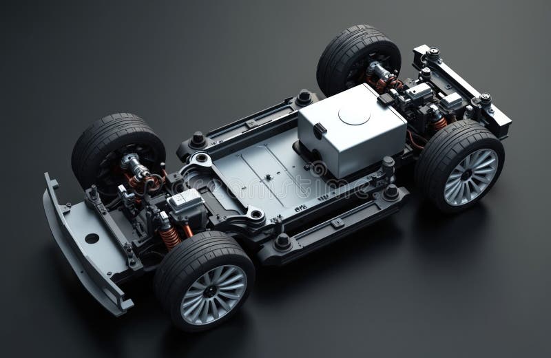 Cutaway View of Electric Vehicle Chassis with Battery Pack on Black ...