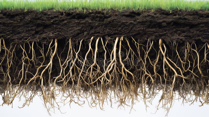 A Cutaway View of Soil Strata with Roots and Green Grass Covering the ...
