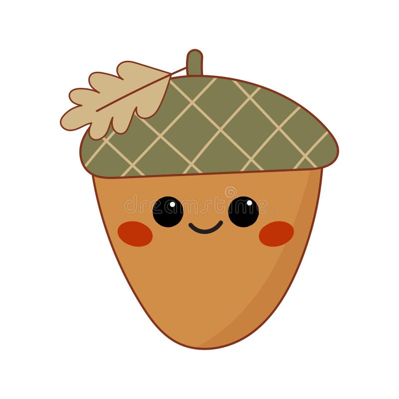 Cute Acorn with Smiling Face and Leaf Hat Design Flat Vector Isolated ...