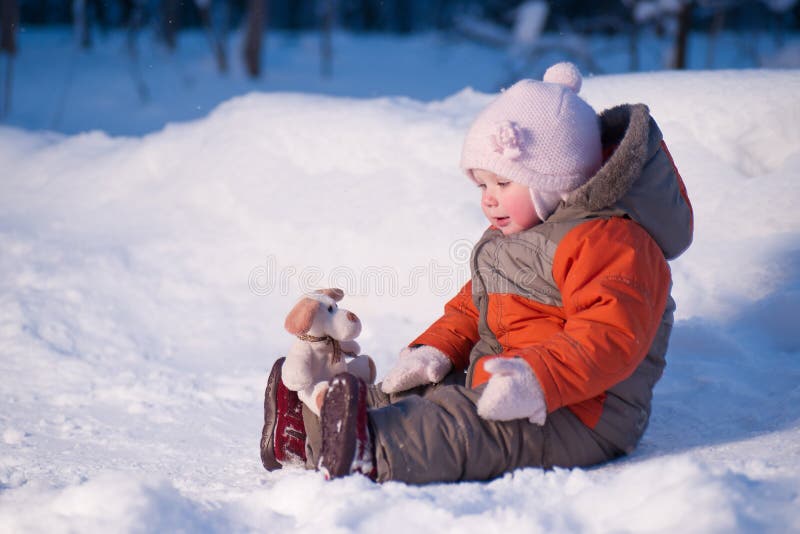 Cute Adorable Baby Sit on Snow Stock Image - Image of outside, happy ...