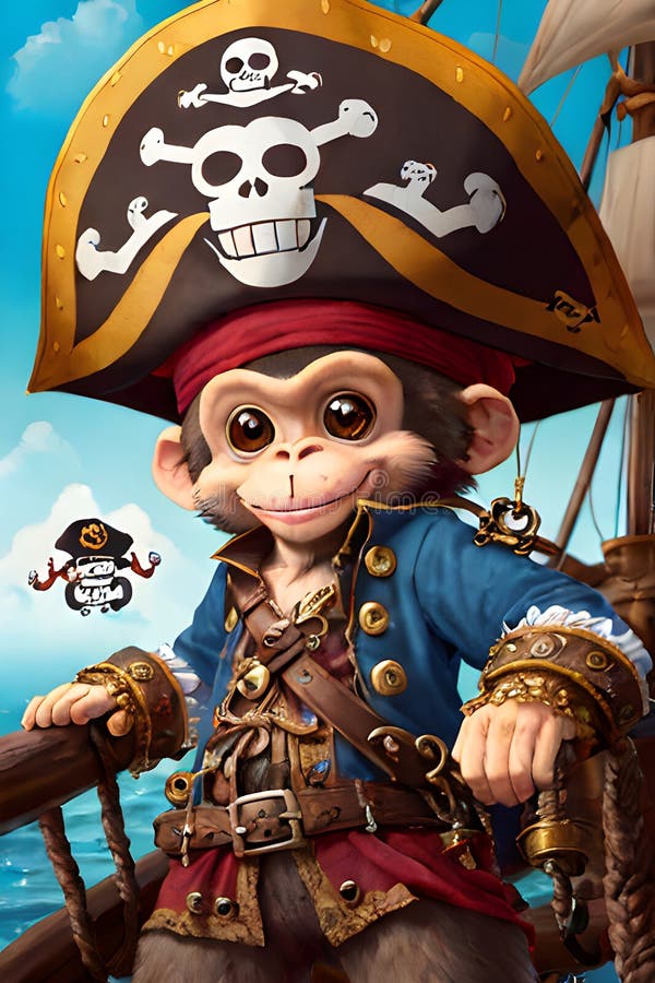 Cute, Adorable and Charming Smiling Monkey Pirate, Wearing Pirate Clothes, Aboard Pirate Ship ...