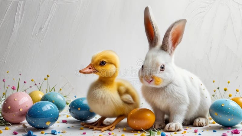 Cute and Adorable Easter Bunny and Easter Duckling Surrounded by Easter ...