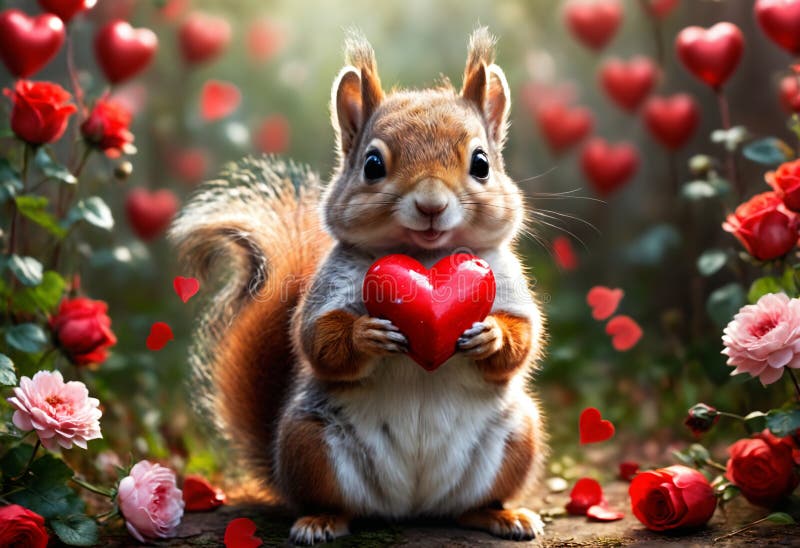 Cute and Adorable Little Fluffy Squirrel Hold Red Heart. Generative AI ...