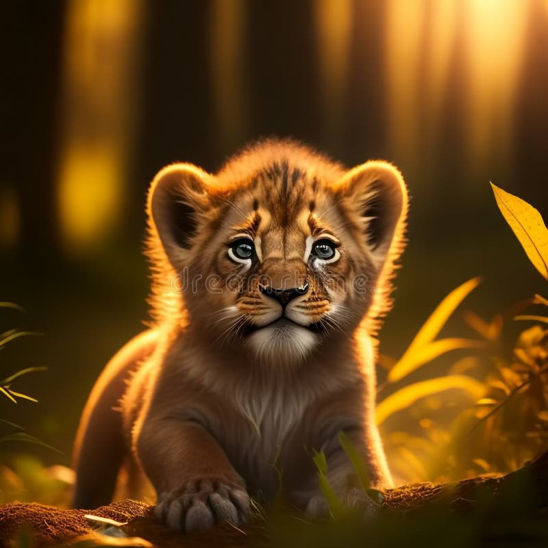 Cute and Adorable Little Lion in Forest. Generative AI Stock ...