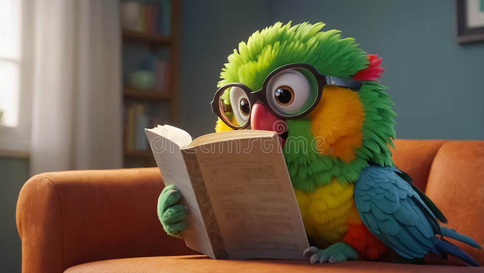 Cute Adorable Parrot Reading a Book at Home Learning Stock Illustration ...