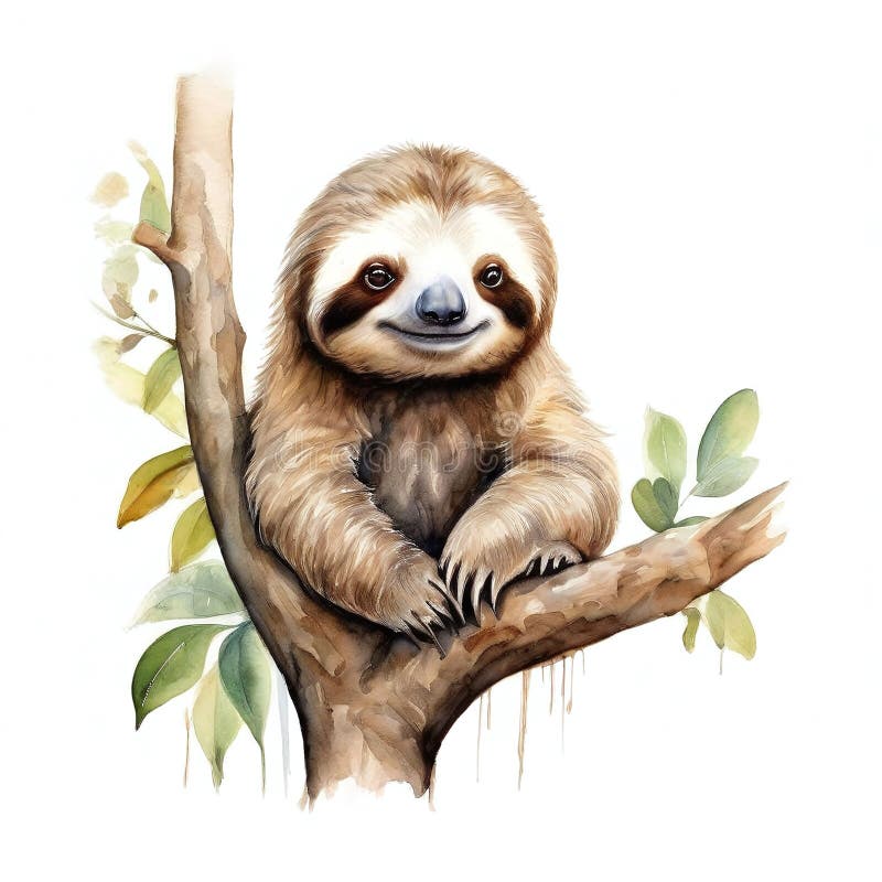 Cute Adorable Sloth on a Tree, Isolated Watercolor Illustration on ...