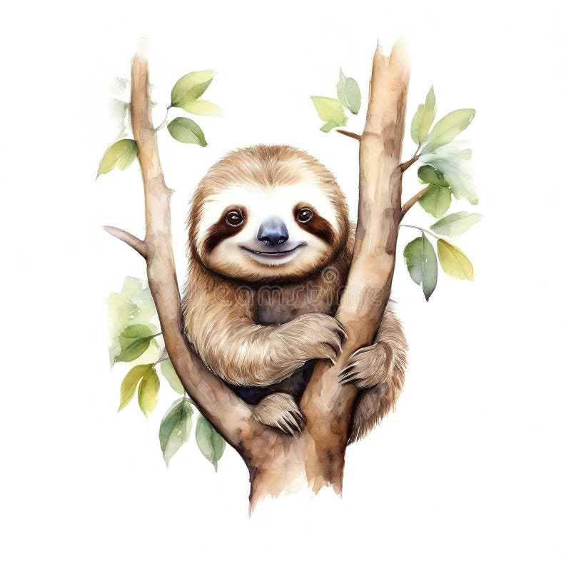 Cute Adorable Sloth on a Tree, Isolated Watercolor Illustration on ...
