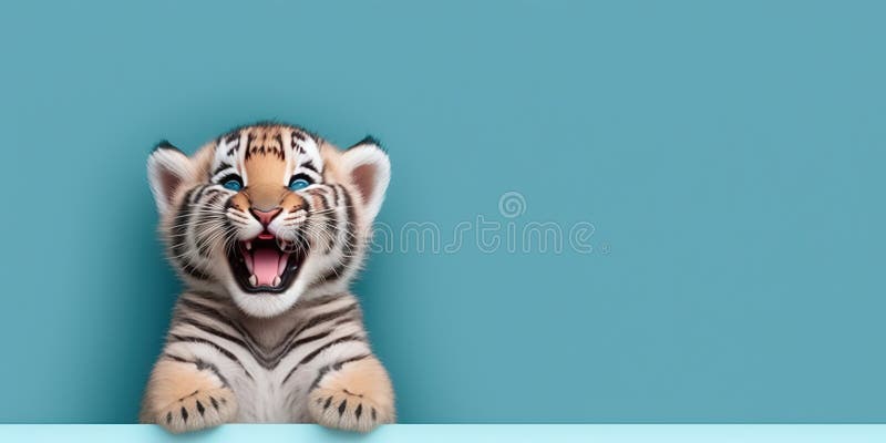Cute Adorable Tiger Cub Smiling on Blue Background and Copy Space ...