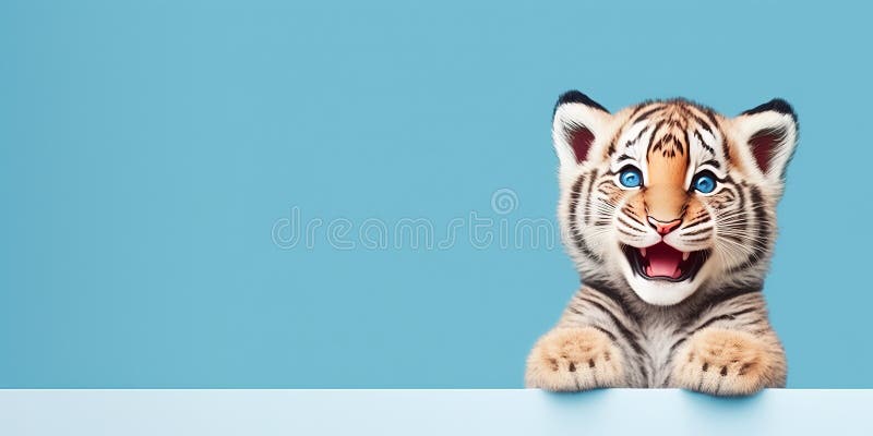 Cute Adorable Tiger Cub Smiling on Blue Background and Copy Space ...