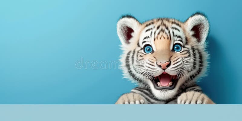 Cute Adorable Tiger Cub Smiling on Blue Background and Copy Space ...