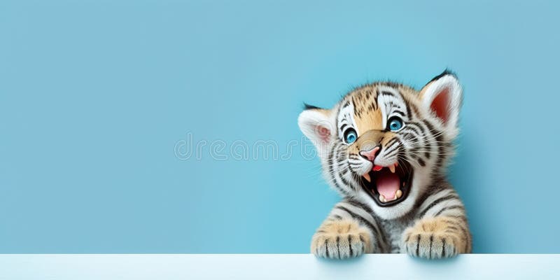 Cute Adorable Tiger Cub Smiling on Blue Background and Copy Space ...