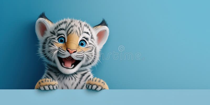 Cute Adorable Tiger Cub Smiling on Blue Background and Copy Space ...