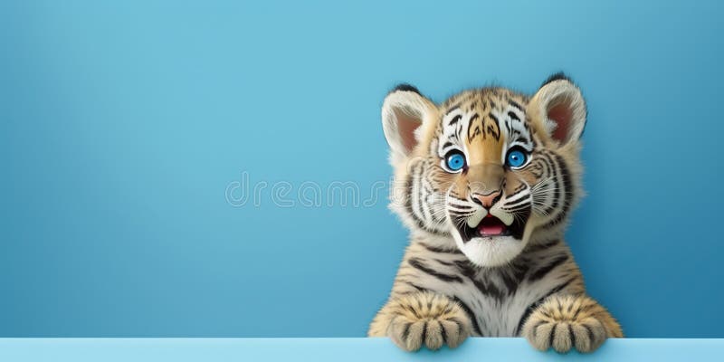 Cute Adorable Tiger Cub Smiling on Blue Background and Copy Space ...