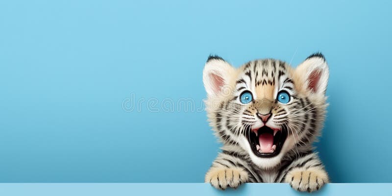 Cute Adorable Tiger Cub Smiling on Blue Background and Copy Space ...