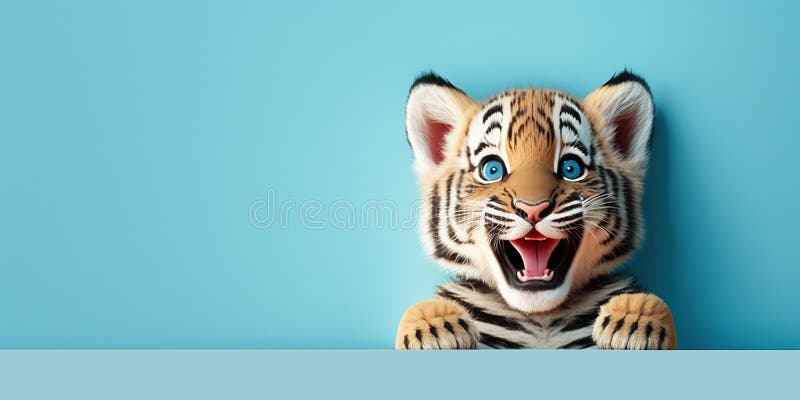 Cute Adorable Tiger Cub Smiling on Blue Background and Copy Space ...