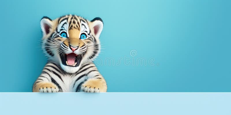 Cute Adorable Tiger Cub Smiling on Blue Background and Copy Space ...